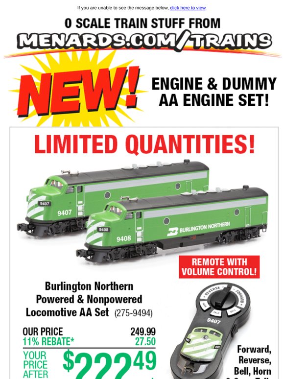 Menards: New! Burlington Northern Engines & Train Cars! | Milled
