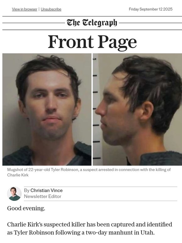 The Telegraph: Charlie Kirk suspect identified | Milled