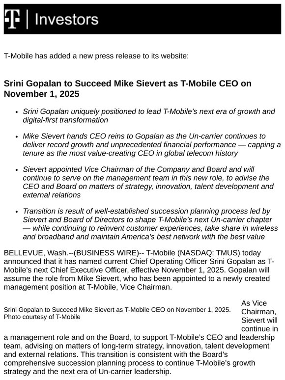 T-Mobile: T-Mobile - Srini Gopalan to Succeed Mike Sievert as T-Mobile ...