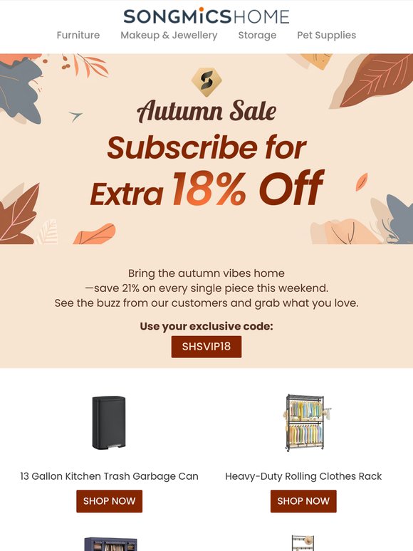 SONGMICS: 🍁 Autumn Offer: Extra 18% off just for you! | Milled