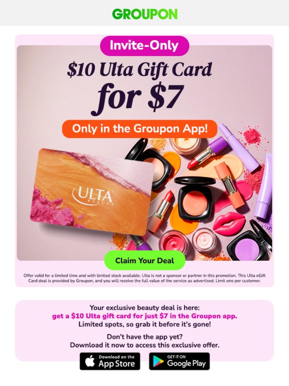 Groupon: 💄 $10 Ulta Gift Card for $7 - App Only! | Milled