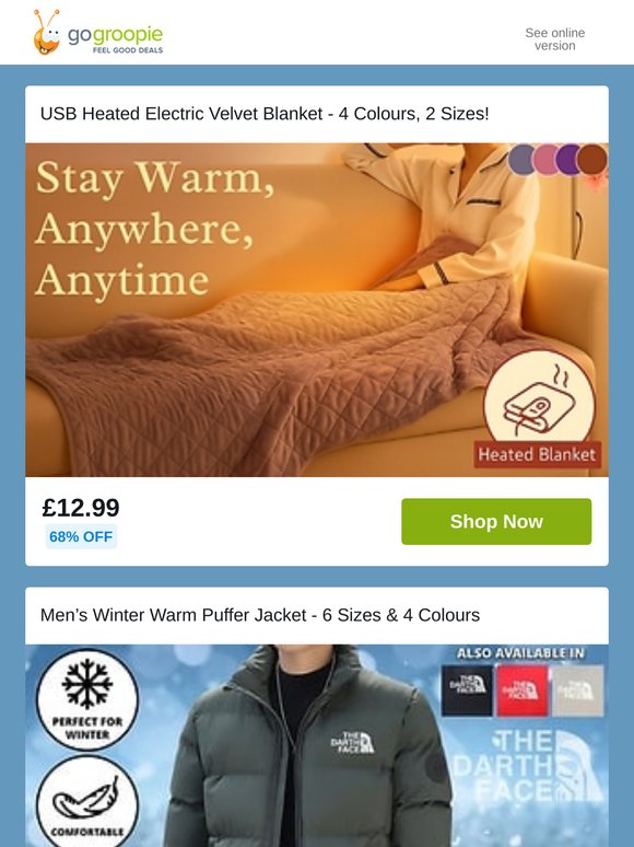 Go Groopie: Velvet Heated Electric Blanket £12.99 | Men’s Puffer Jacket ...