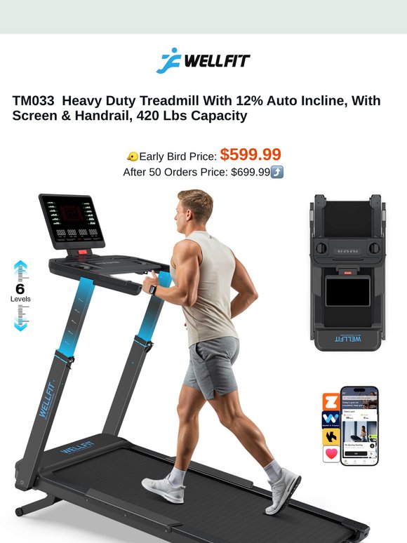 Wellfit: New Arrivals: TM033 Heavy Duty Treadmill With Screen 12% Auto ...