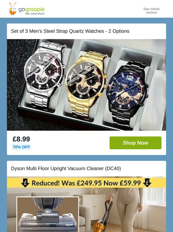 Go Groopie: 3 Men's Steel Watches £8.99 Dyson DC40 Upright Vacuum £59 ...