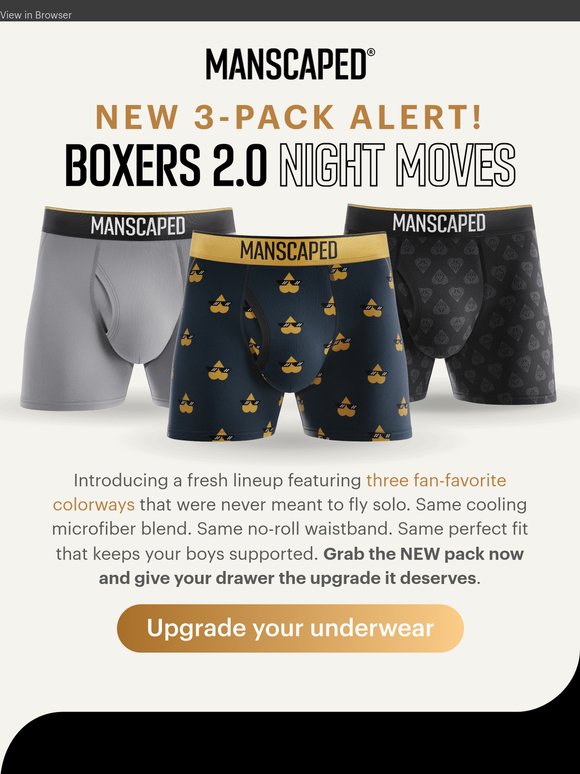 Manscaped: Big drop energy: NEW Boxers 2.0 Night Moves 3-Pack | Milled