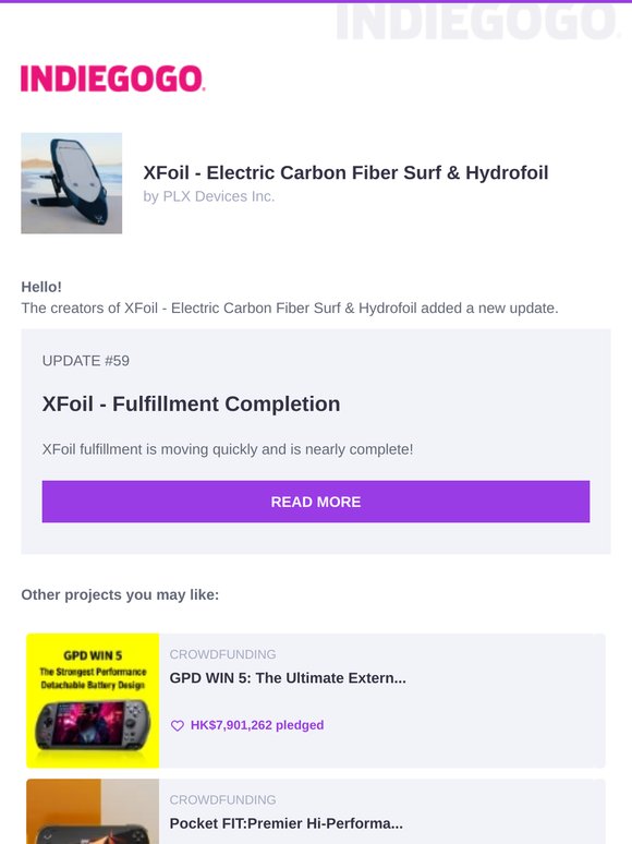 Indiegogo: Update 59 in XFoil - Electric Carbon Fiber Surf & Hydrofoil ...