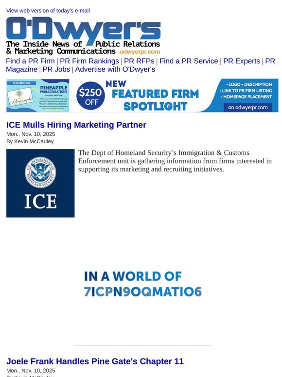 O'Dwyer's: O'Dwyer's Daily for Mon., Nov. 10: ICE Mulls Hiring ...