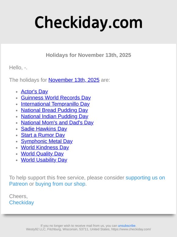Checkiday: Holidays for November 13th, 2025! 📅🎉 | Milled