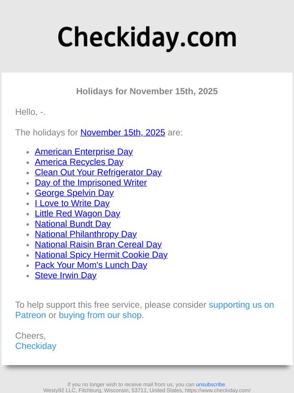 Checkiday: Holidays for November 15th, 2025! 📅🎉 | Milled