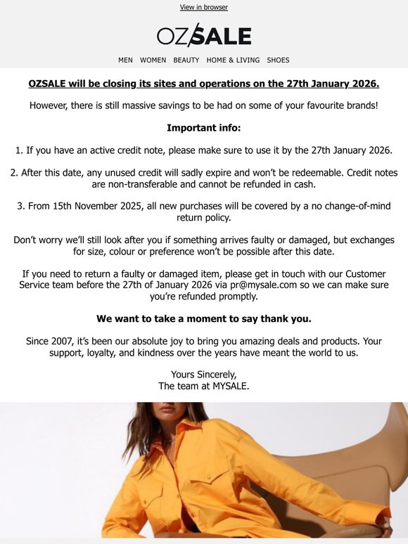 TopBuy: Important Update: OZSALE Closure | Milled