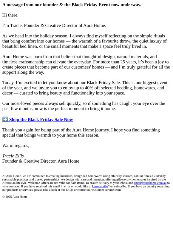 Aura Home: A message from Tracie Ellis, Founder of Aura Home | Milled