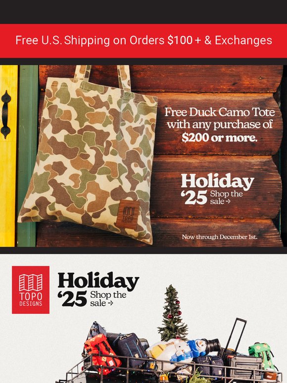 Topo Designs: 🦆 FREE Duck Camo Tote with orders $200+ | Milled