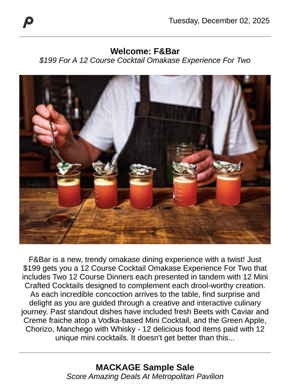 Pulsd: F&Bar Omakase, MACKAGE Sample Sale, A Holiday Ball, Target Drop ...
