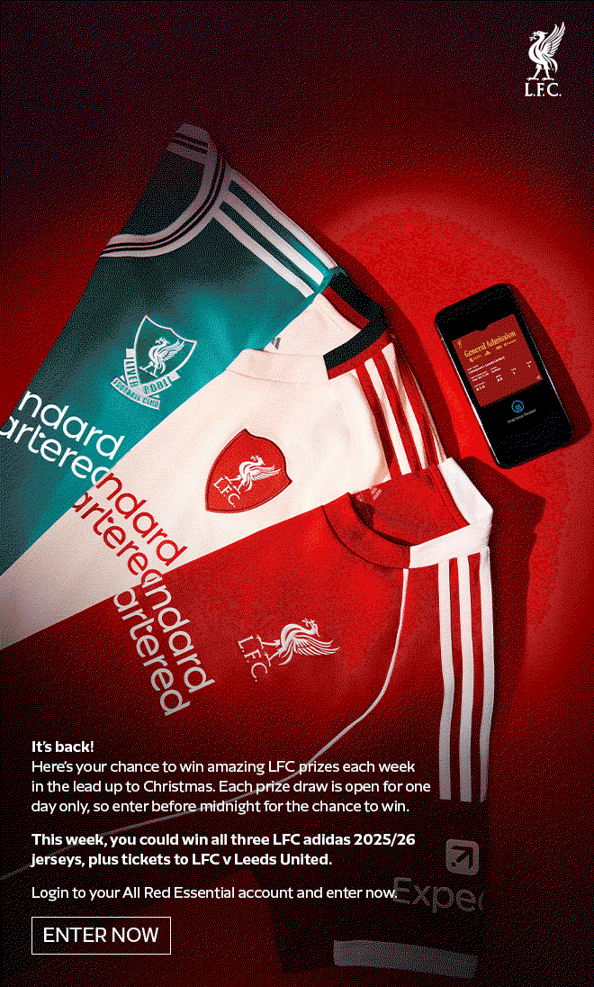 Liverpool FC: Win match tickets and all three LFC adidas 25/26 jerseys ...