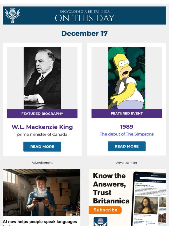 Brittanica: The debut of The Simpsons, W.L. Mackenzie King is featured ...