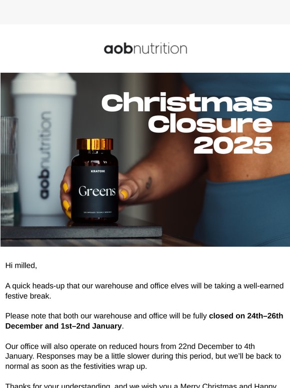 AOB Nutrition: Christmas & New Year Opening Hours 🎅 | Milled