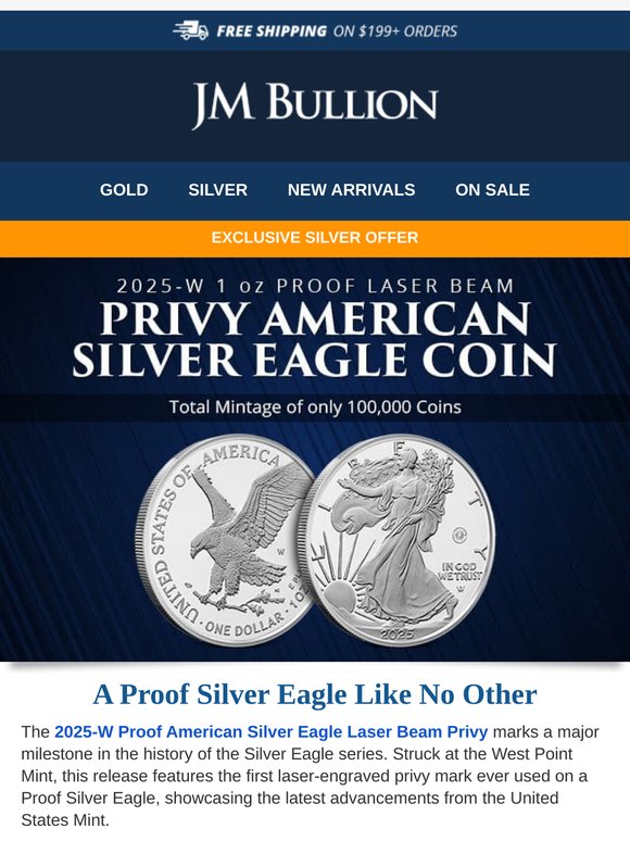 JM Bullion: Exclusive Offer: 2025-W Proof Laser Beam Privy Silver Eagle ...