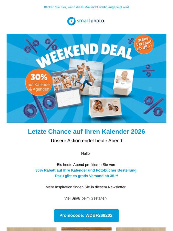 Smartphoto: 📅👉 Nur noch heute: 30% auf Kalender & Fotobücher für 2026 ...