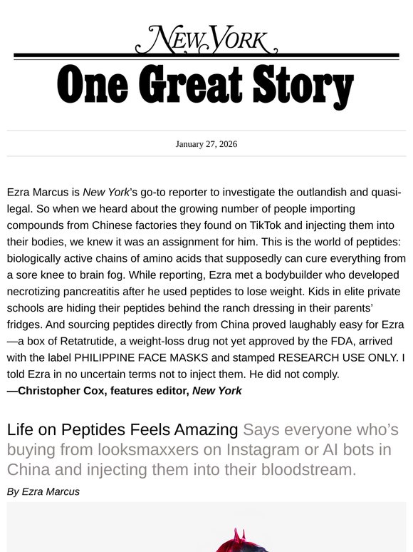 The Cut: ‘Life on Peptides Feels Amazing,’ by Ezra Marcus | Milled