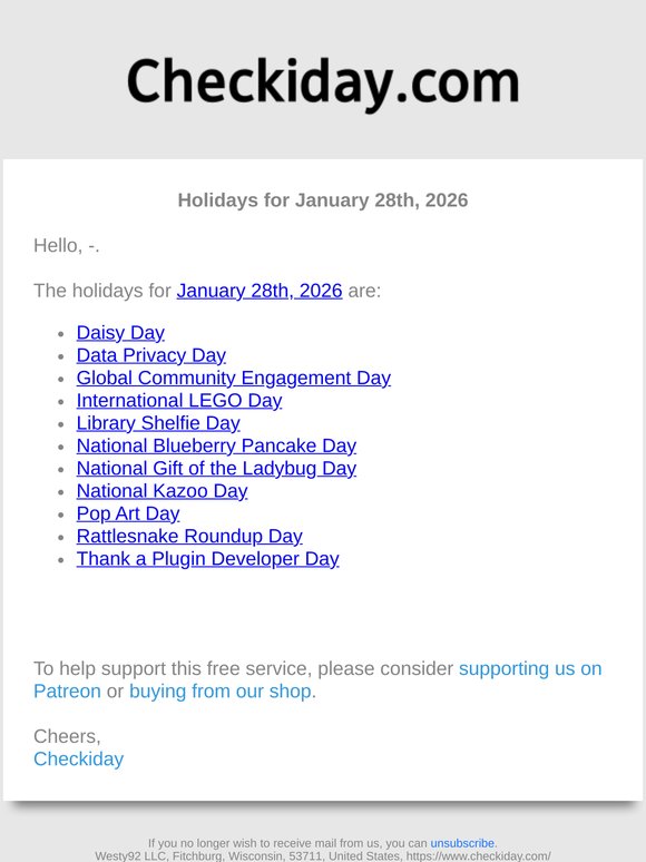 Checkiday: Holidays for January 28th, 2026! 📅🎉 | Milled