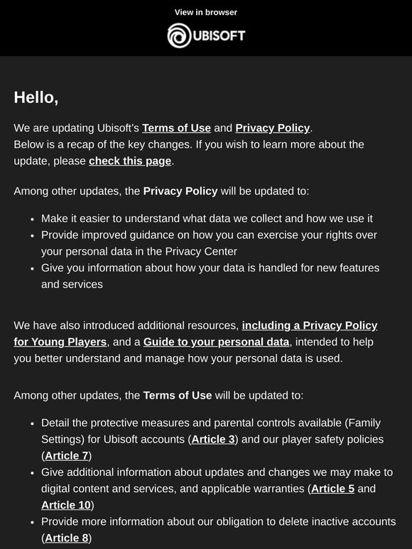Ubisoft: Update to our Terms of Use and Privacy Policy | Milled