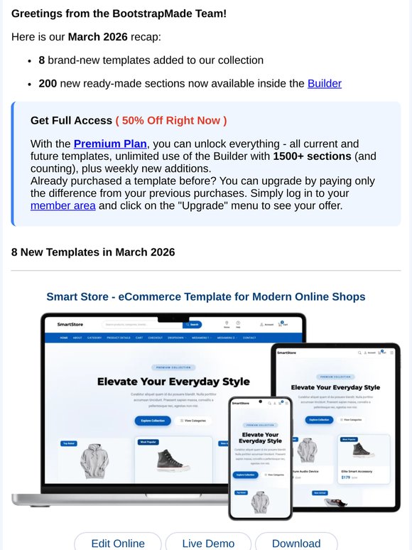 BootstrapMade: March 2026 Recap: 8 New Templates + 200 Builder Sections ...